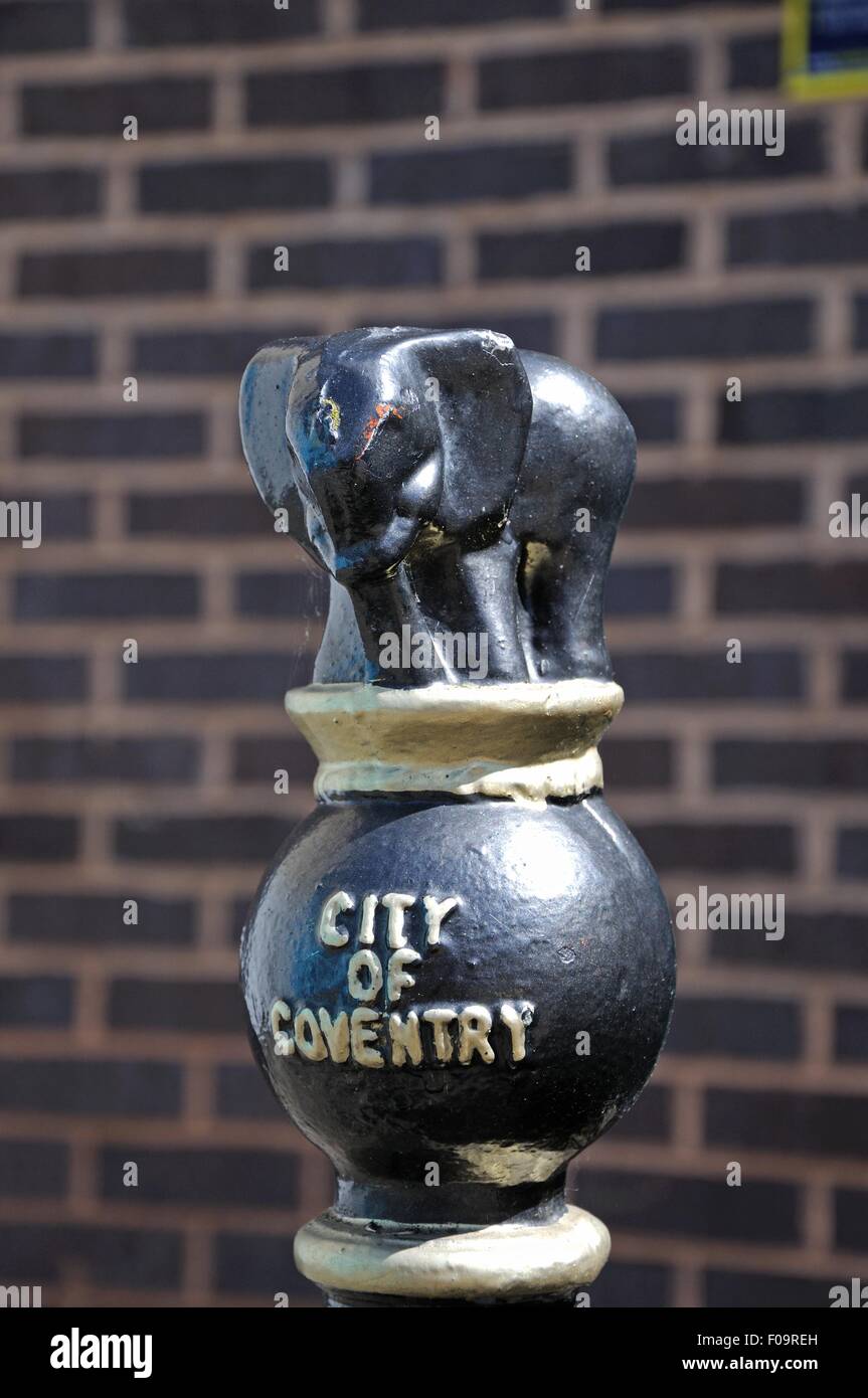 City of Coventry bollard featuring an elephant atop along Spon Street ...