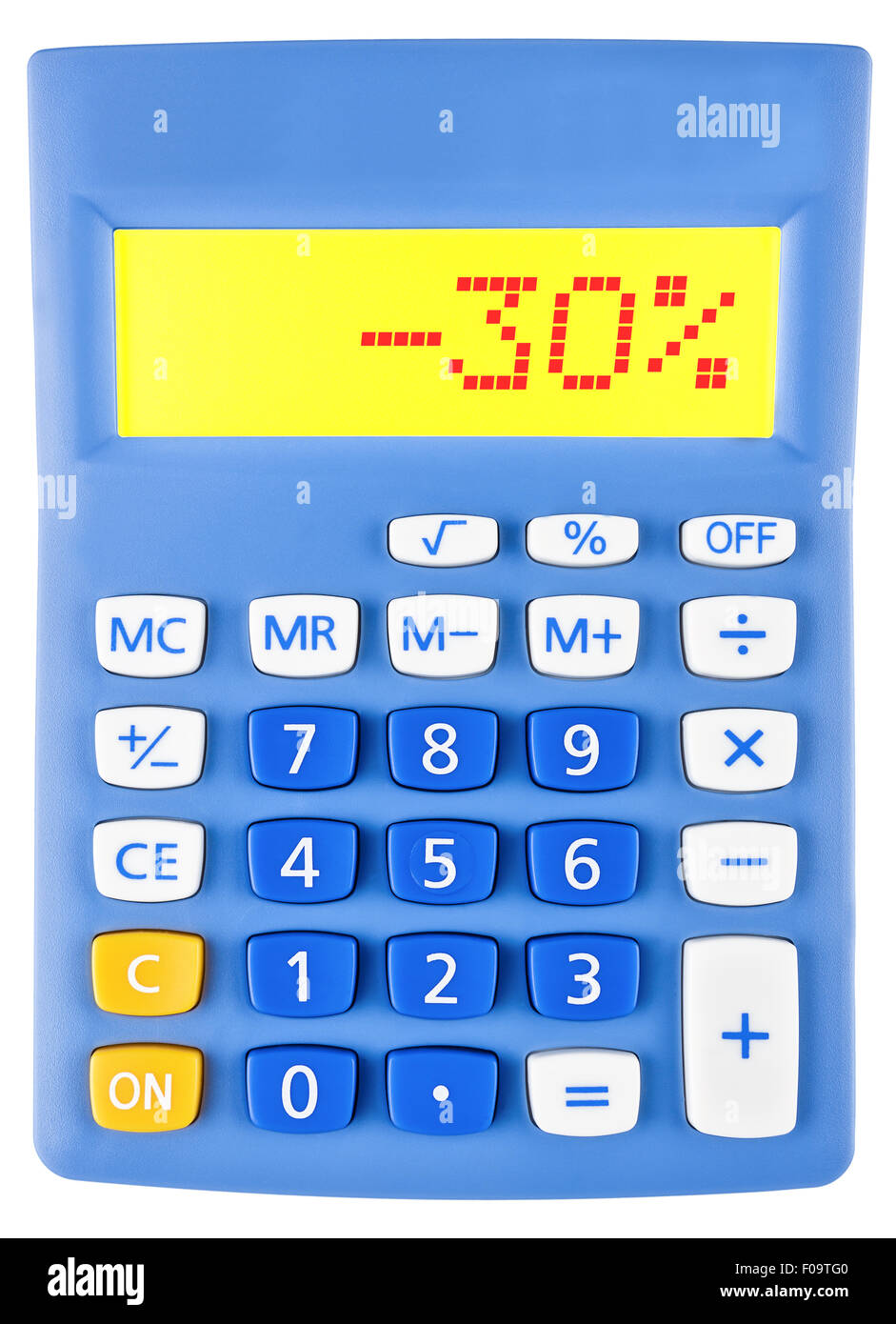 Calculator with -30 on display on white background Stock Photo - Alamy