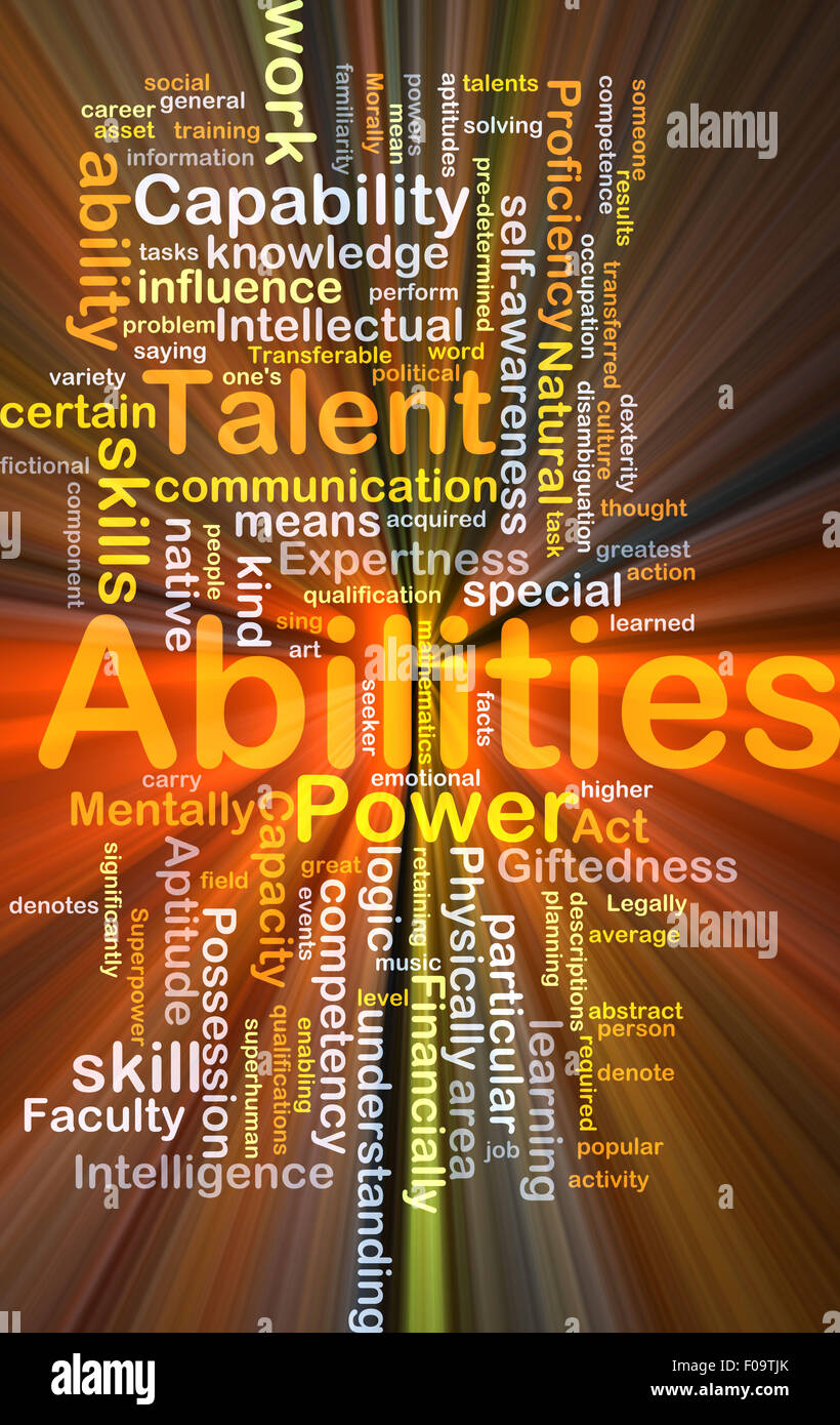 Background concept wordcloud illustration of abilities glowing light ...