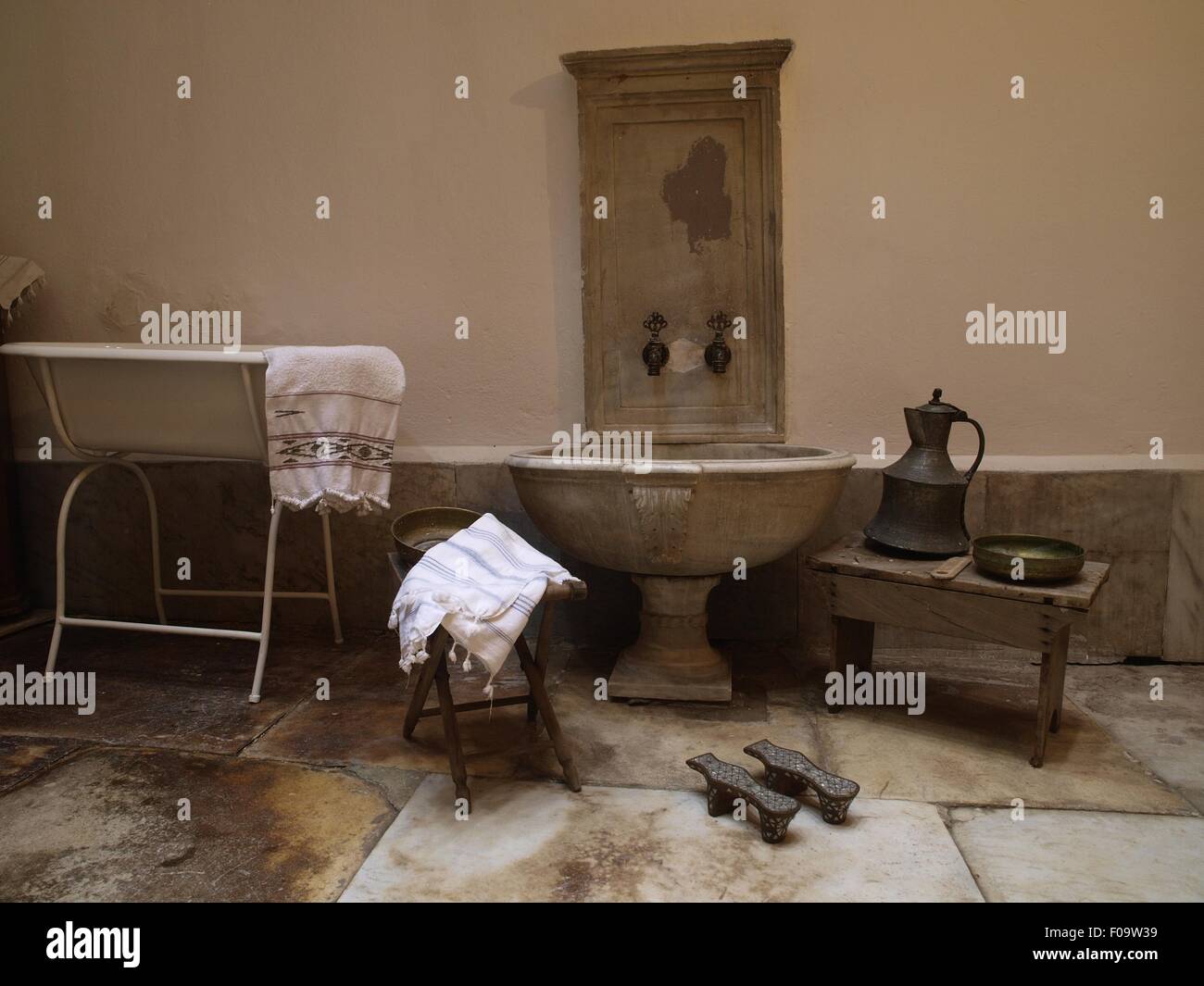 Different Bosphorus traditional hammam bath on stoned flooring ...