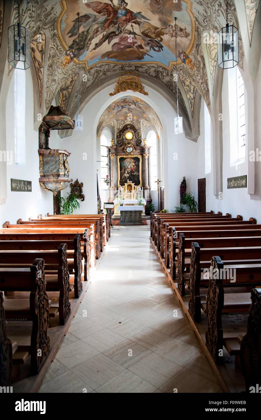 Interior of Church with alter benches Stock Photo - Alamy