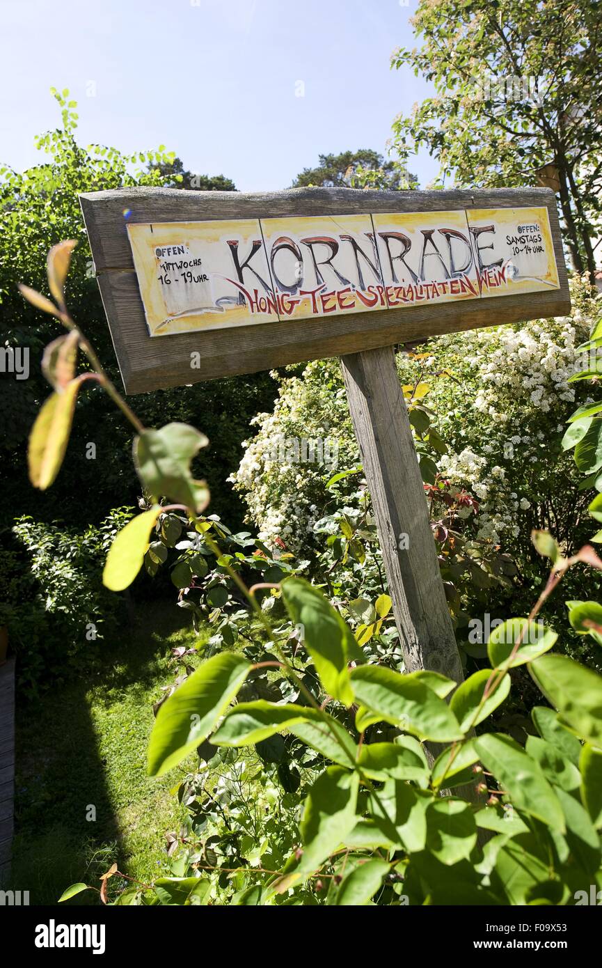 Close-up of Konrade organic beekeeping nameplate in Putbus, Rugen Stock ...