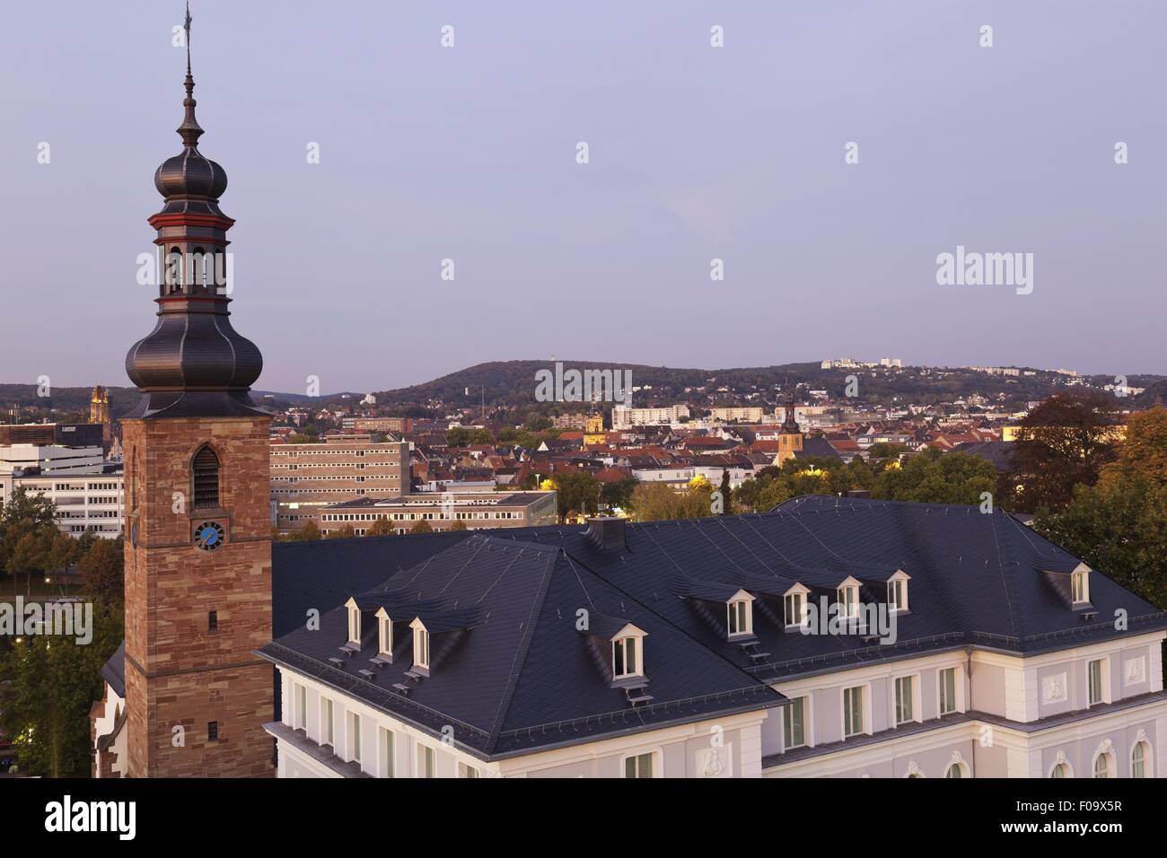 View of city with church and castle in Saarbrucken, Saarland, Germany ...