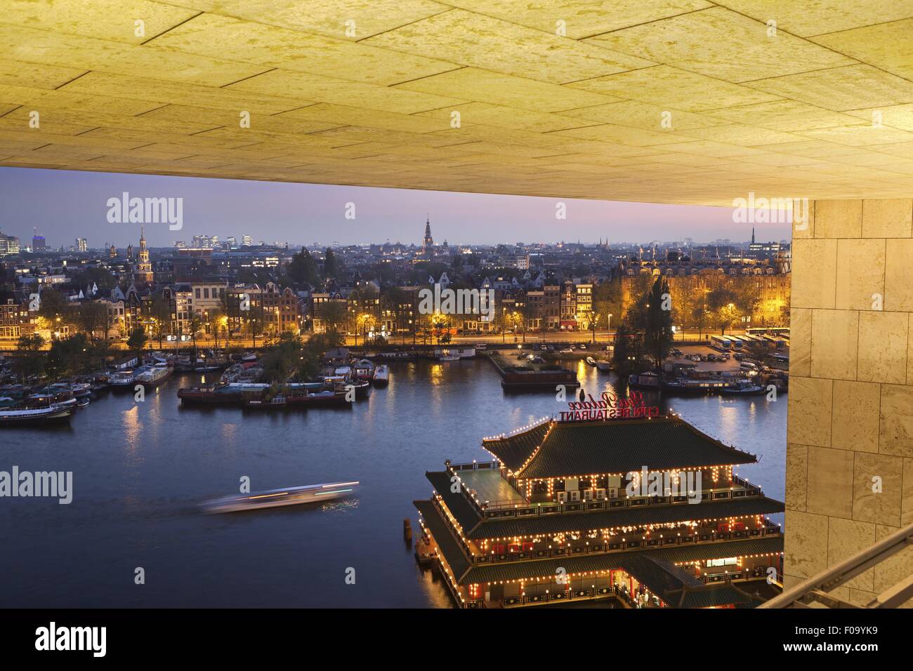 View of illuminated Old Town from roof terrace of public library ...