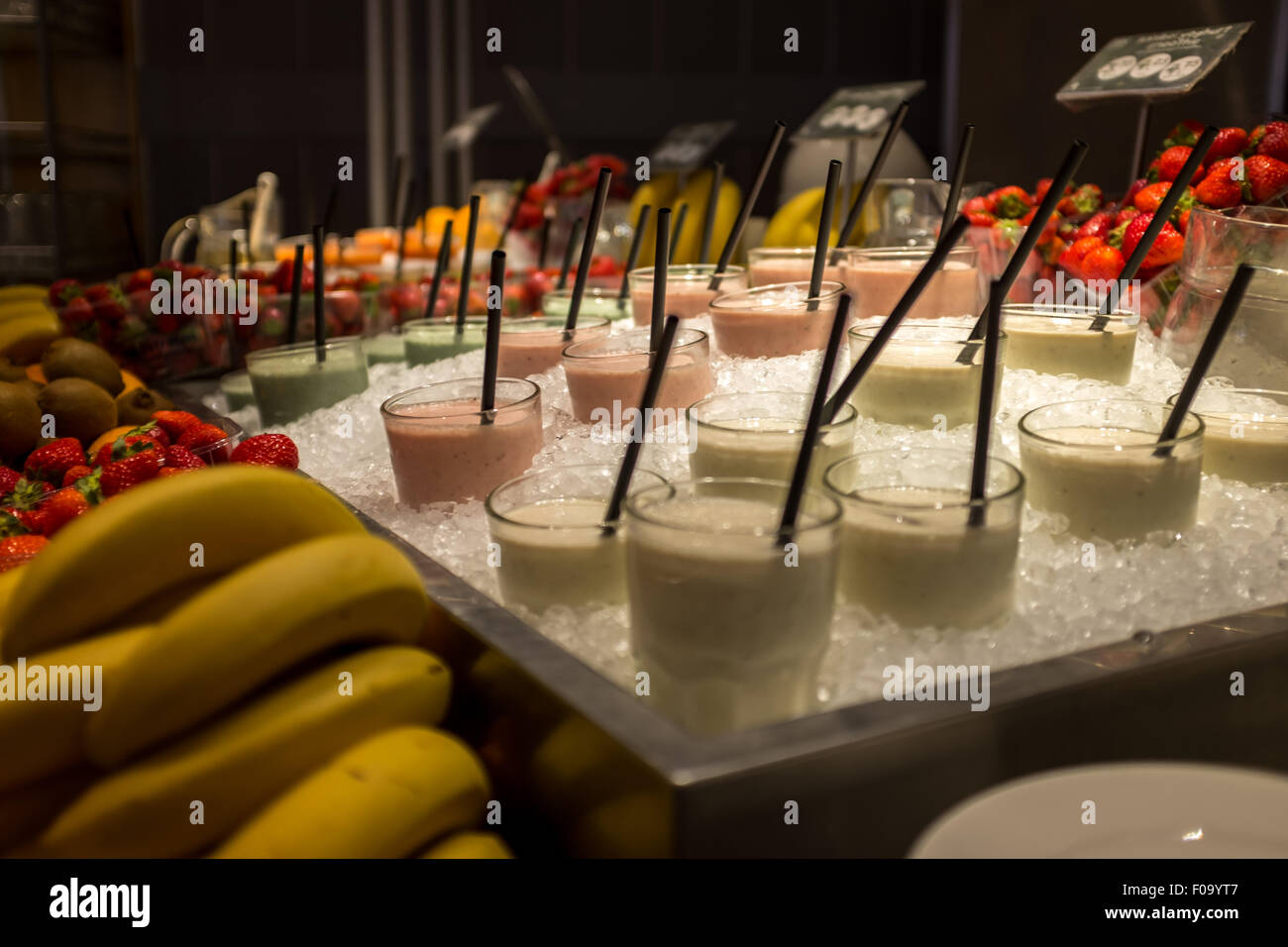 Selection of smoothies on display in a cafe Stock Photo - Alamy