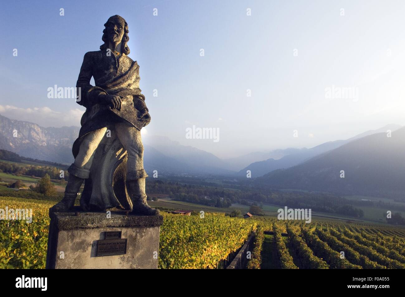 Statue of Duc de Rohan and vineyards in Graubunden, Switzerland Stock ...