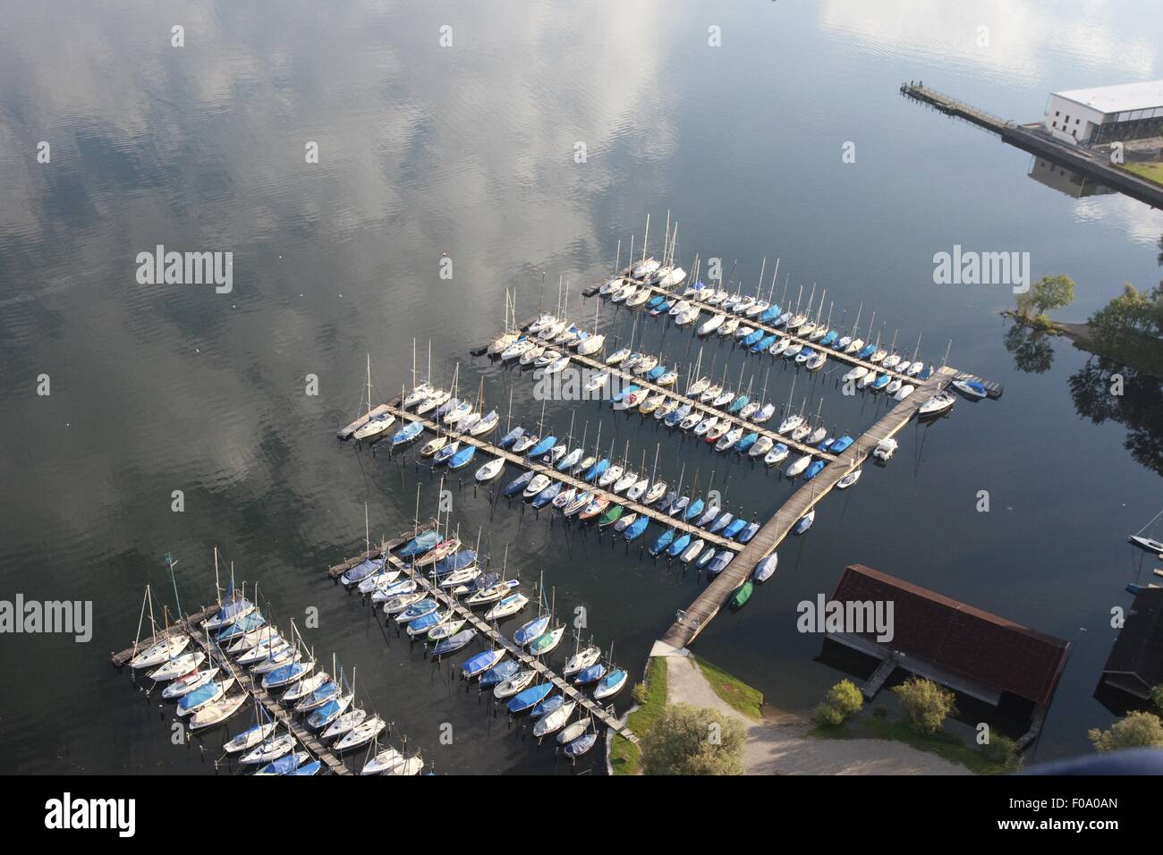 Aerial view of boats parked in port at Prienavera, Prien am Chiemsee ...