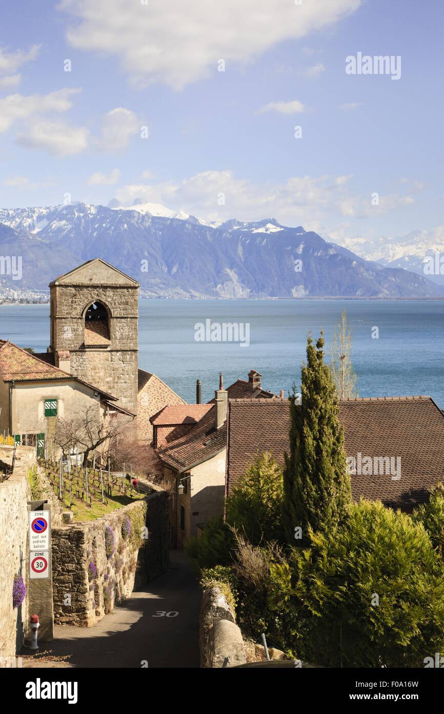 View of mount Alps with lake Geneva at Geneva, Switzerland Stock Photo ...