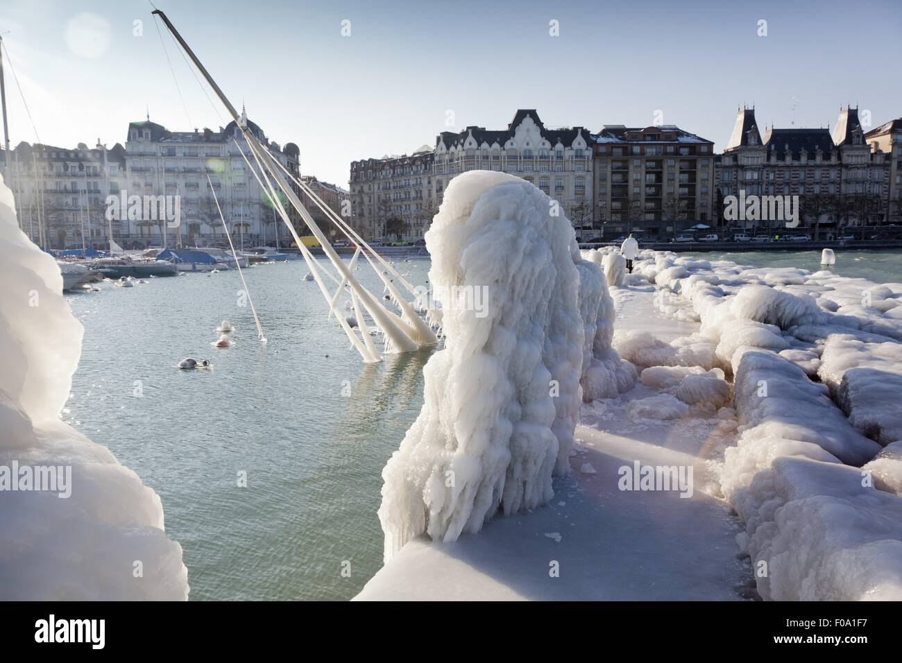 View of harbor with ice in Lake Geneva, Geneva, Switzerland Stock Photo ...