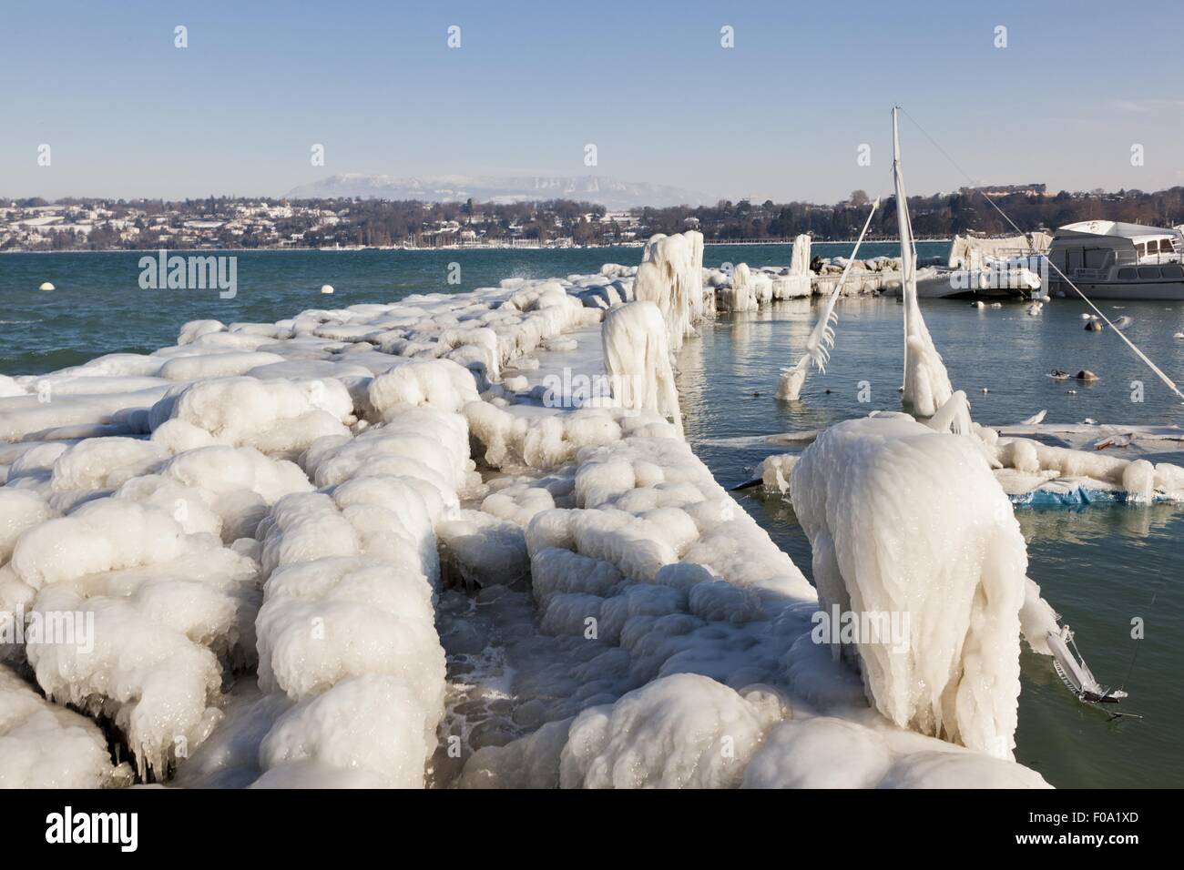 View of harbor with ice in Lake Geneva, Geneva, Switzerland Stock Photo ...