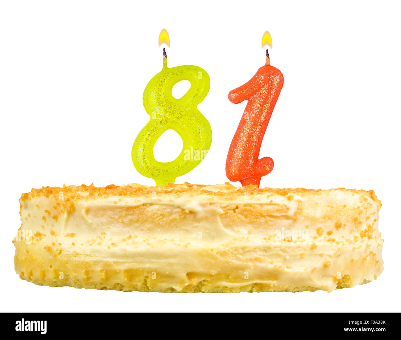 birthday cake with candles number eighty one isolated on white ...