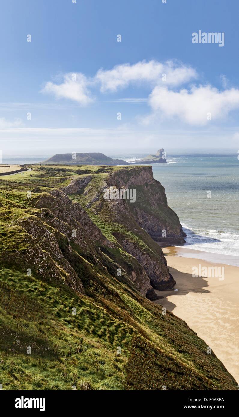 View of Atlantic Ocean and Worm's Head from Rhossili cliffs in Gower ...
