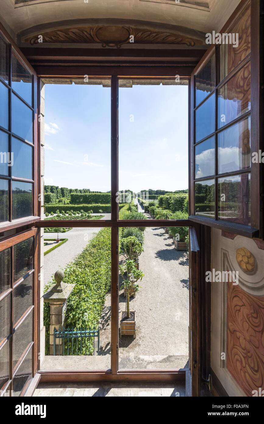 View of Royal gardens through window of Herrenhausen Palace, Hanover ...