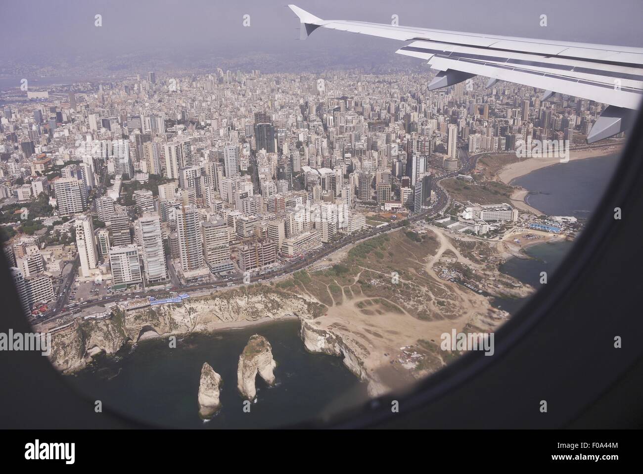 View of Beirut city through aeroplane window, Beirut, Lebanon, aerial ...