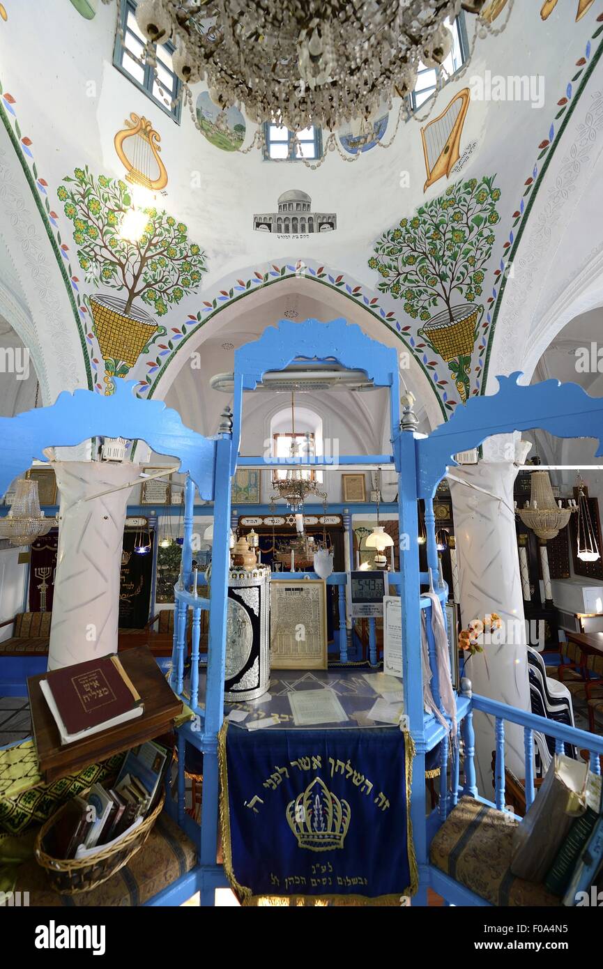 Low angle view of pulpit blue staircase at Abuhav Synagogue, Safed ...