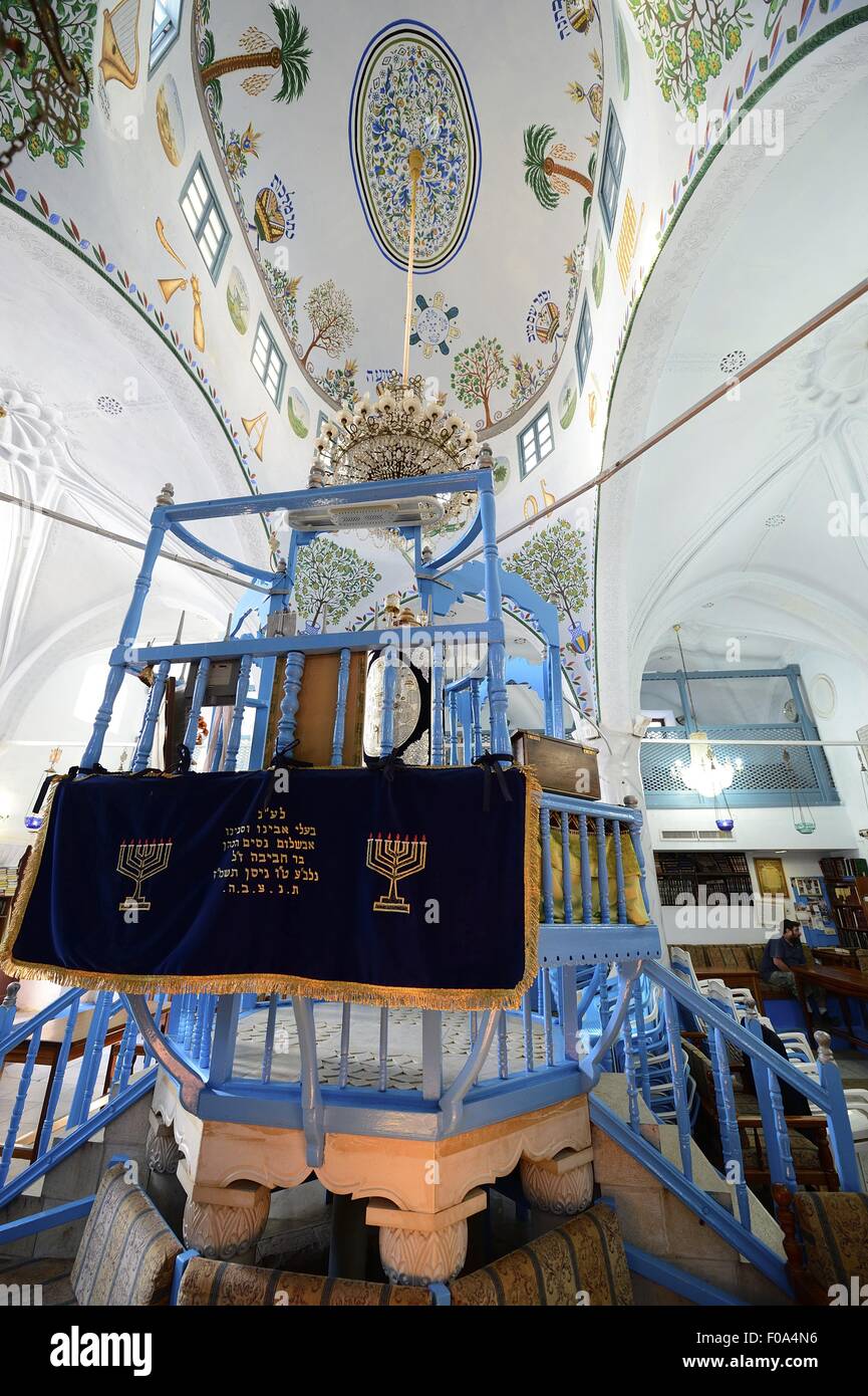 Low angle view of pulpit blue staircase at Abuhav Synagogue, Safed ...