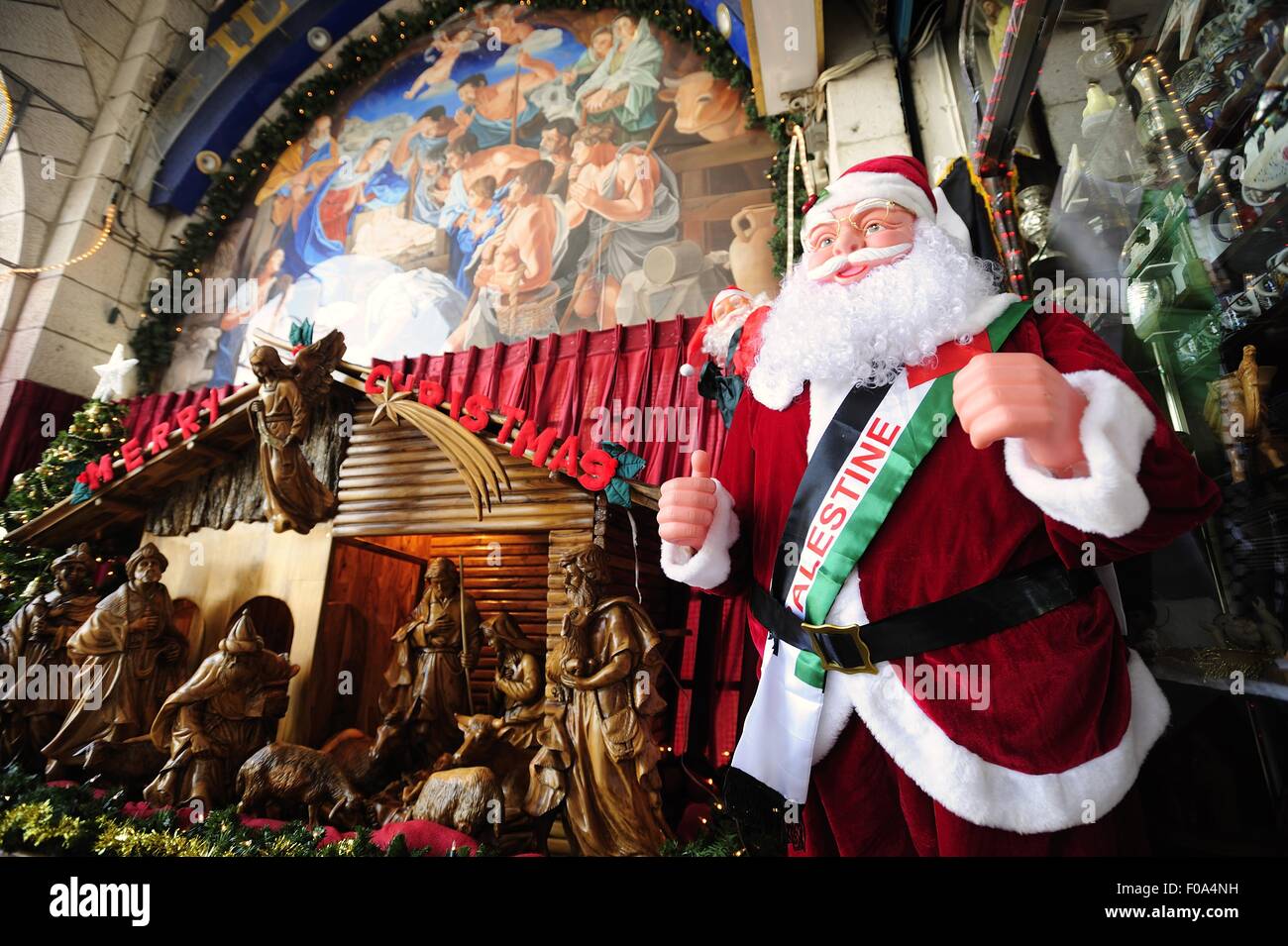 Toy Santa Claus at tourists store in Bethlehem, Israel Stock Photo - Alamy