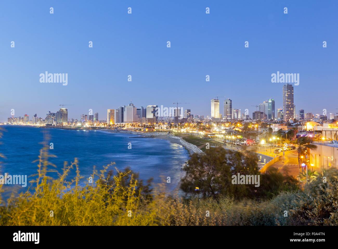 View of Neve Tzedek district skyline and Mediterranean at evening, Tel ...