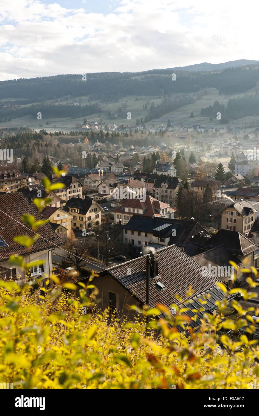 View of watch making town Le Sentier in Vallee de Joux, Lake Geneva ...