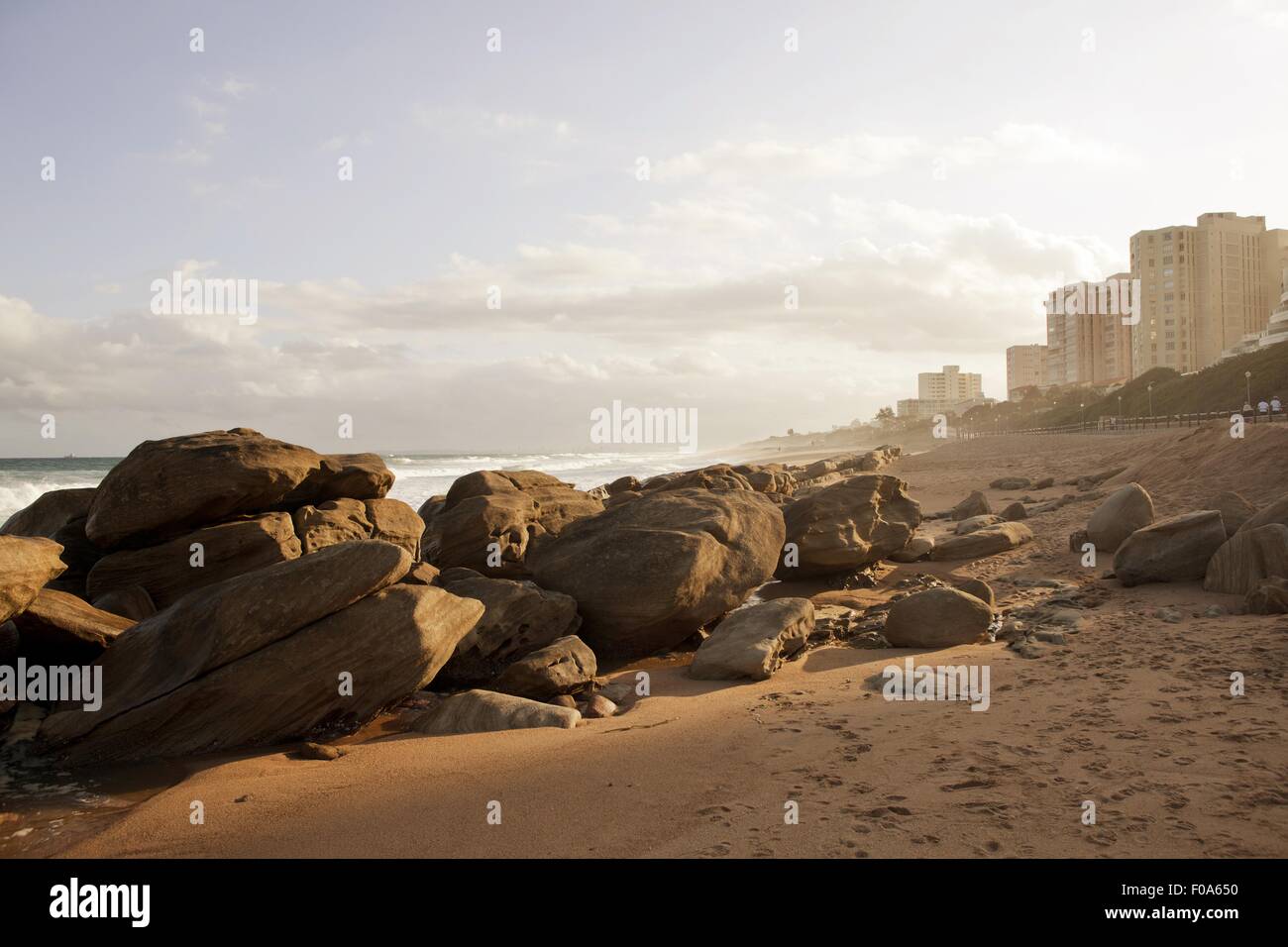View of Umhlanga beach with rocks and skyline, South Africa Stock Photo ...