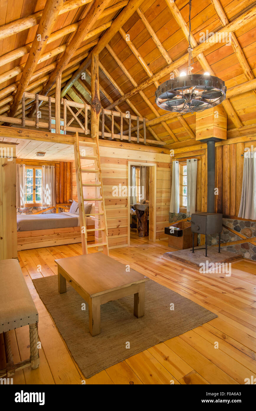Interior of a log cabin at Minam River Lodge in Oregon's Wallowa ...