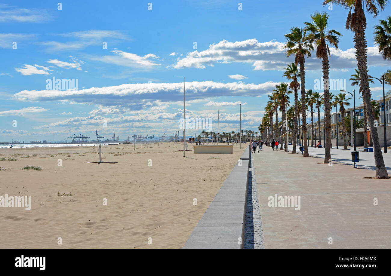 Seafront promenade at Malvarossa Beach, Valencia, Spain. With people ...