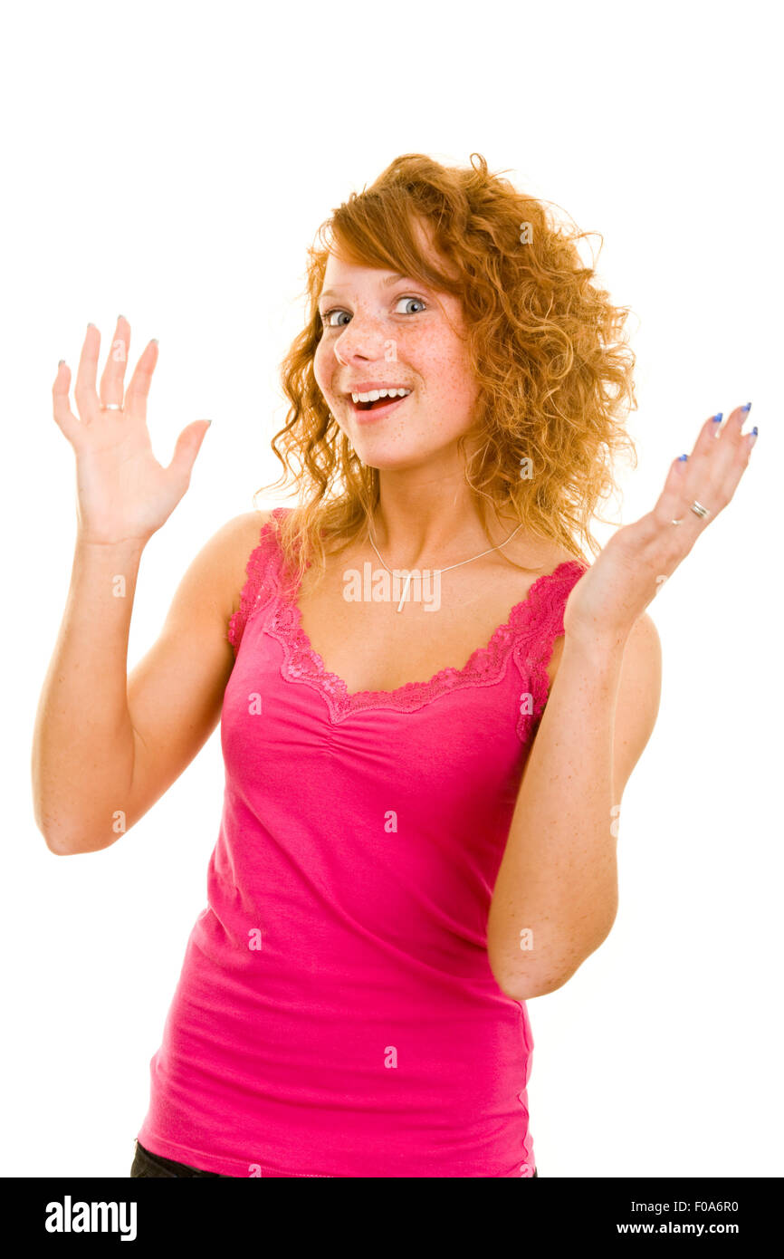 Happy cheerfull woman looking mildly surprised Stock Photo - Alamy