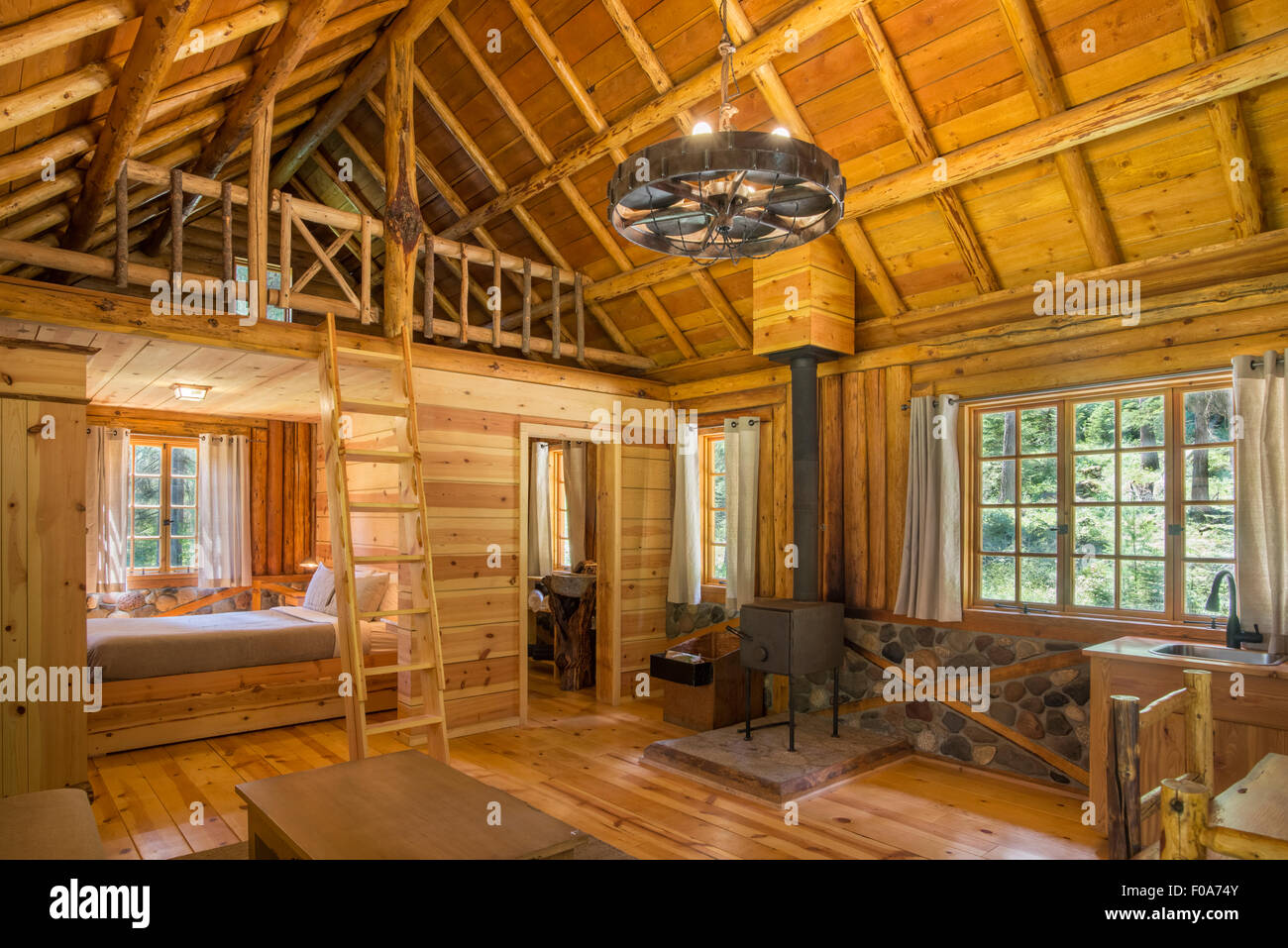 Interior of a log cabin at the Minam River Lodge in Oregon's Wallowa ...