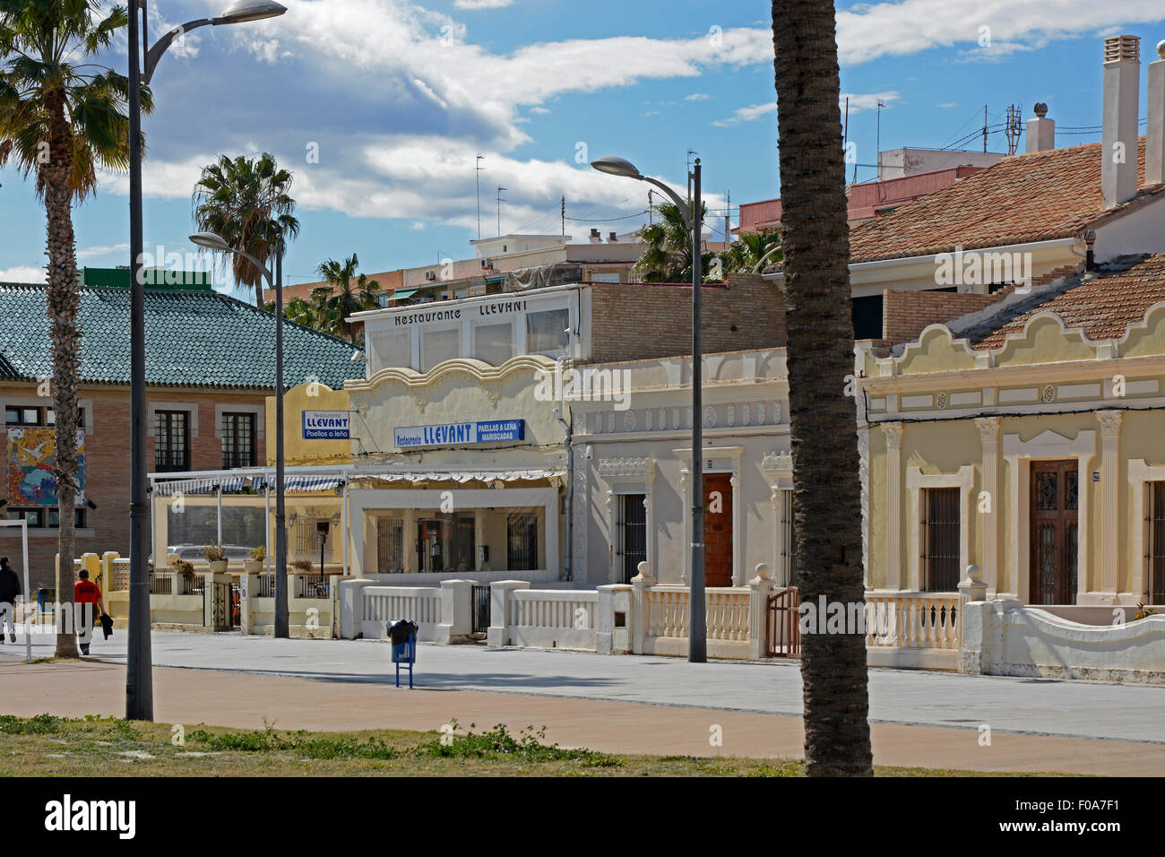 Restaurant (LLevante) on seafront promenade at Malvarossa beach in ...