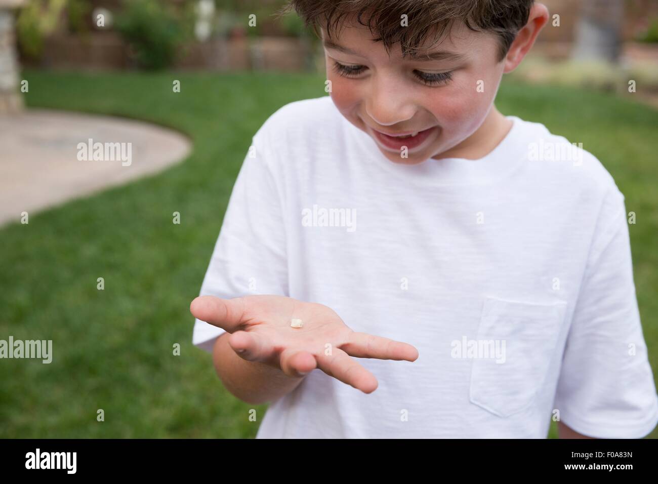 Young boy holding tooth in hand Stock Photo - Alamy