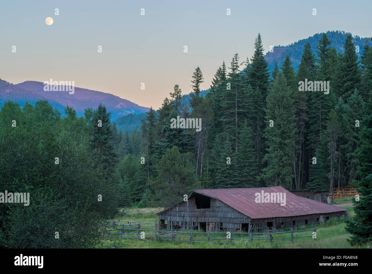 Moon rising over barn and ridge, Minam River Lodge, Oregon Stock Photo ...