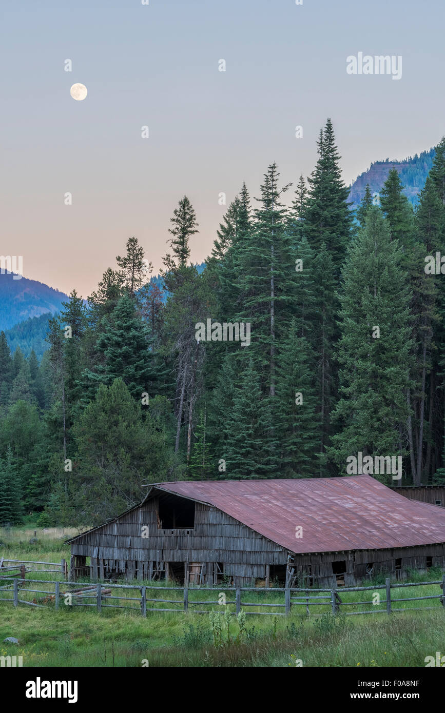 Moon rising over barn and ridge, Minam River Lodge, Oregon Stock Photo ...