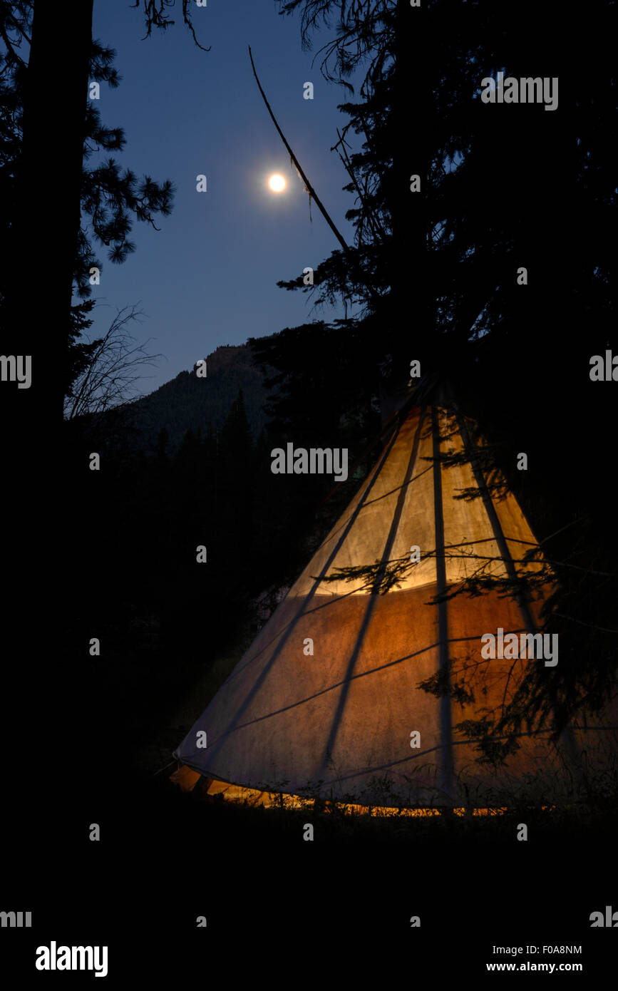 Glowing teepee and moon, Minam River Lodge, Oregon Stock Photo - Alamy