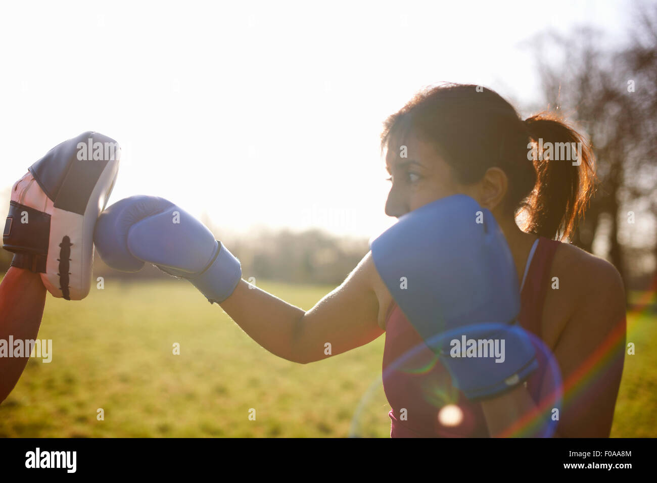 Mature woman boxer training in field Stock Photo - Alamy