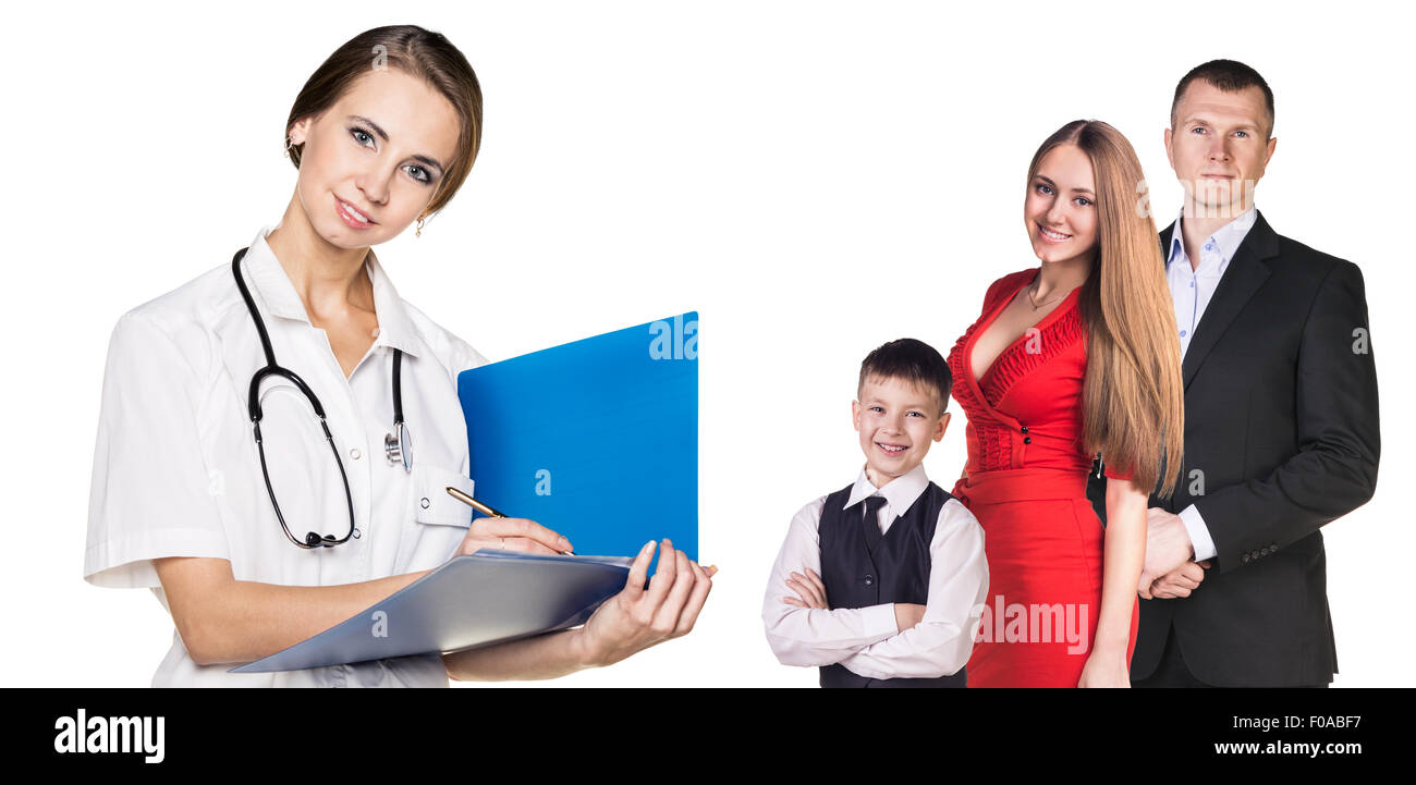 Beautiful female doctor with family patients on isolated background ...