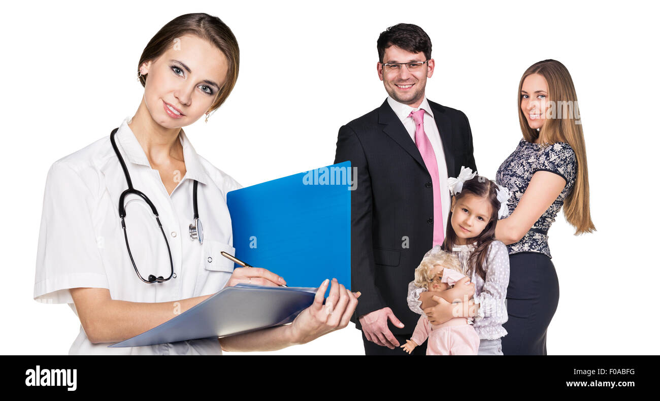 Beautiful female doctor with family patients on isolated background ...