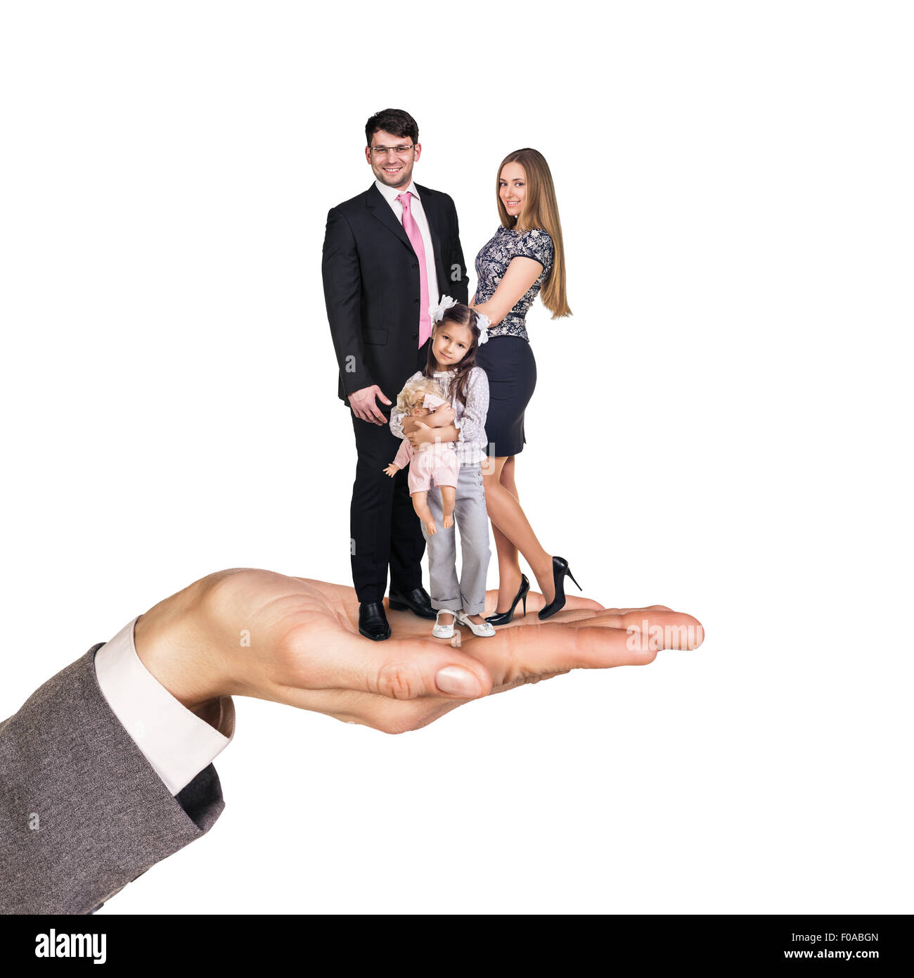 Happy family stand on hand on the isolated background Stock Photo - Alamy