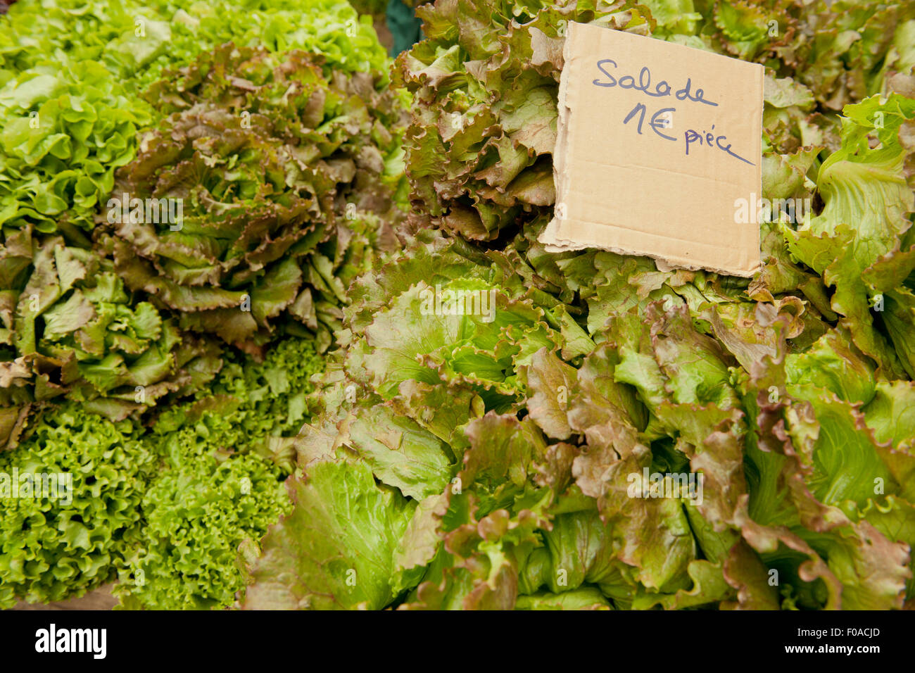 Traditional French market stall with lettuce on display, Issigeac ...