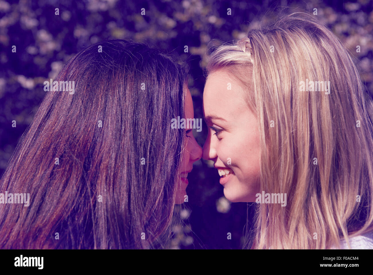 Close up portrait of two girls face to face Stock Photo - Alamy