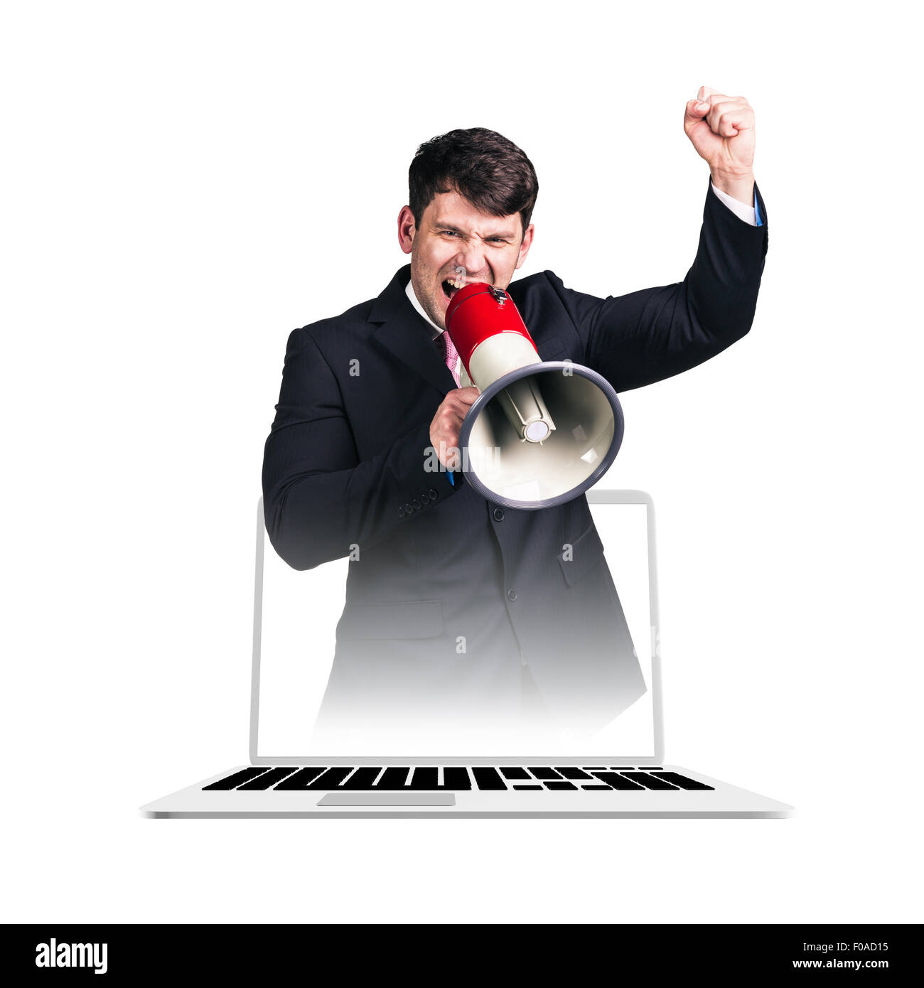 Businessman yelling with a megaphone on white Stock Photo - Alamy
