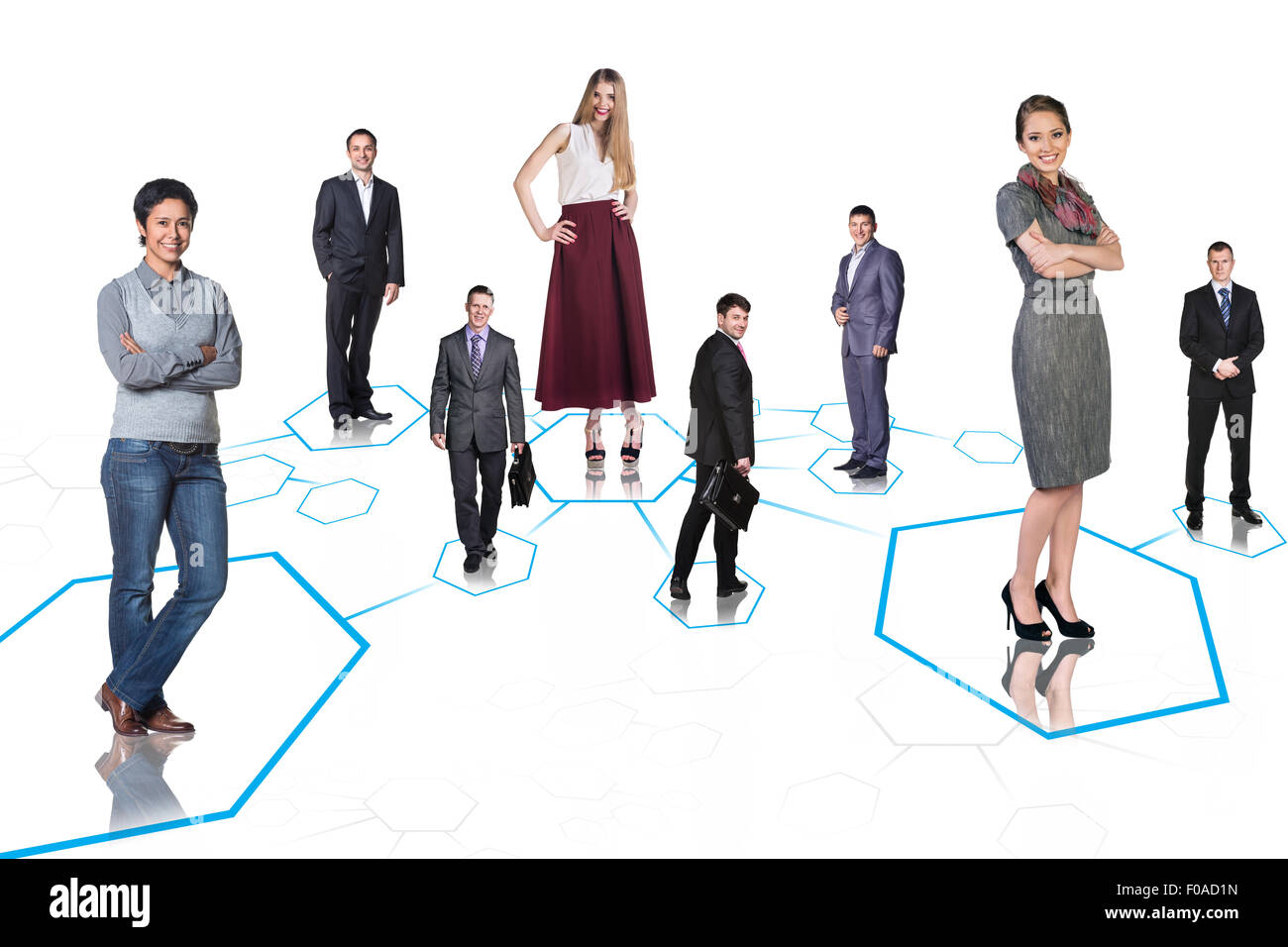 Happy business colleagues stay on shapes isolated Stock Photo - Alamy