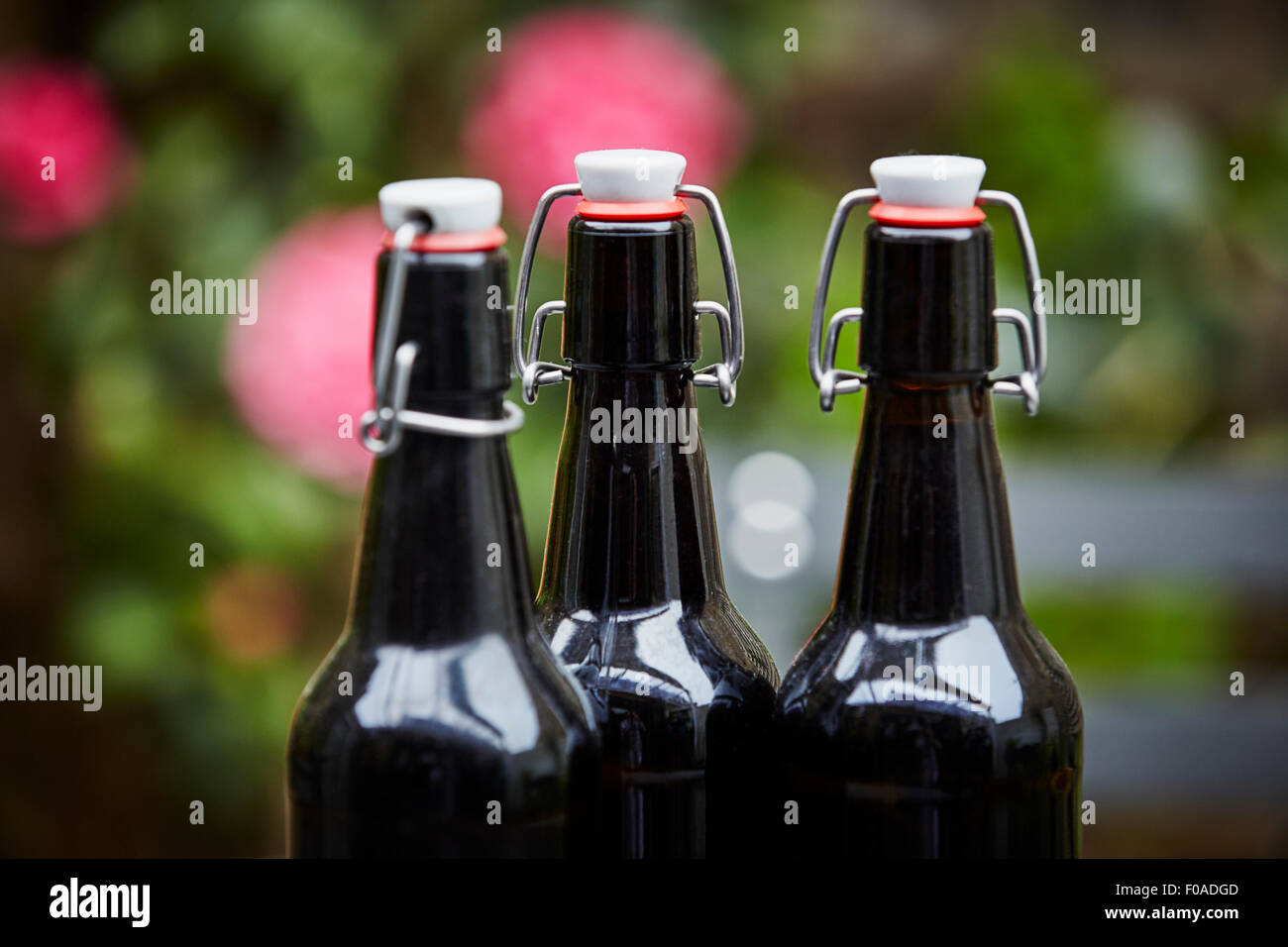 Three beer bottles, close up Stock Photo - Alamy