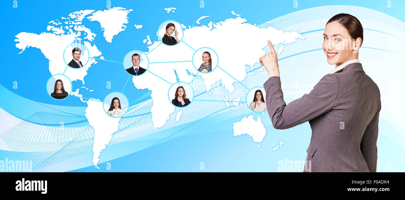 Beautiful businesswoman show on communication map. Elements of this ...
