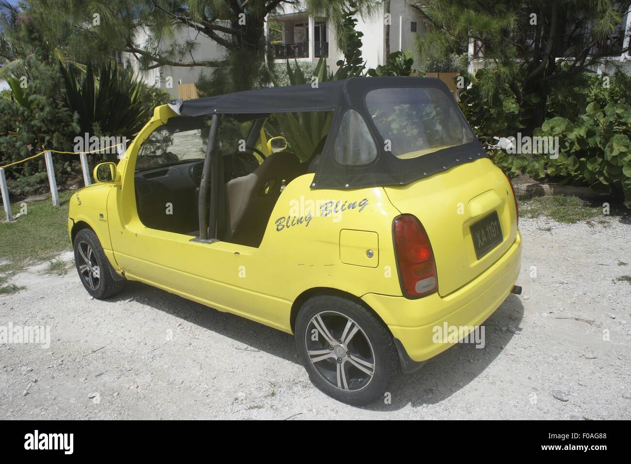 Yellow car in the island of Lesser Antilles, Caribbean, Barbados Stock ...