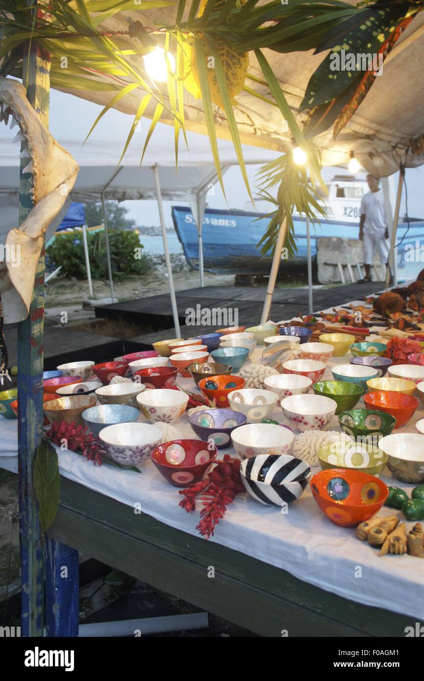 Different painted bowls on table at Lesser Antilles, Caribbean island ...