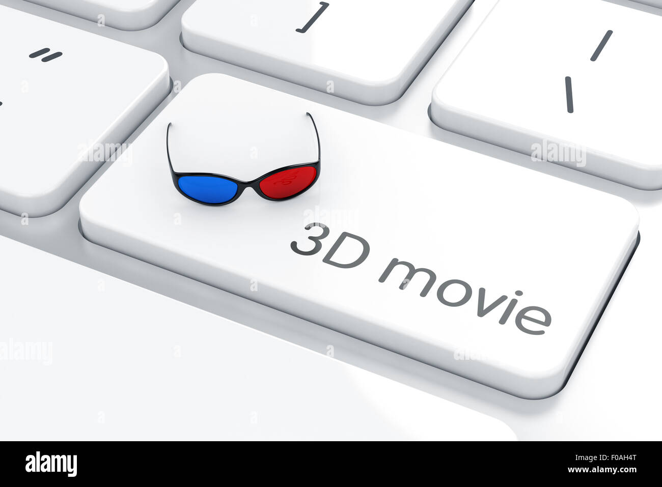 3d illustration of cinema glasses on the computer keyboard. 3D movie ...