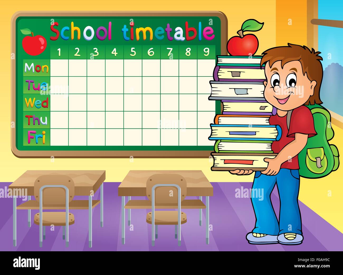 School timetable with boy holding books - picture illustration Stock ...