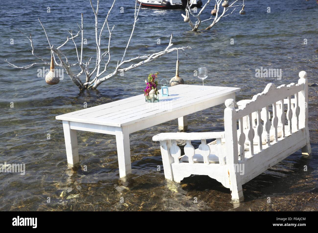 Table of Mimoza Restaurant in water at Gumusluk, Bodrum Peninsula ...
