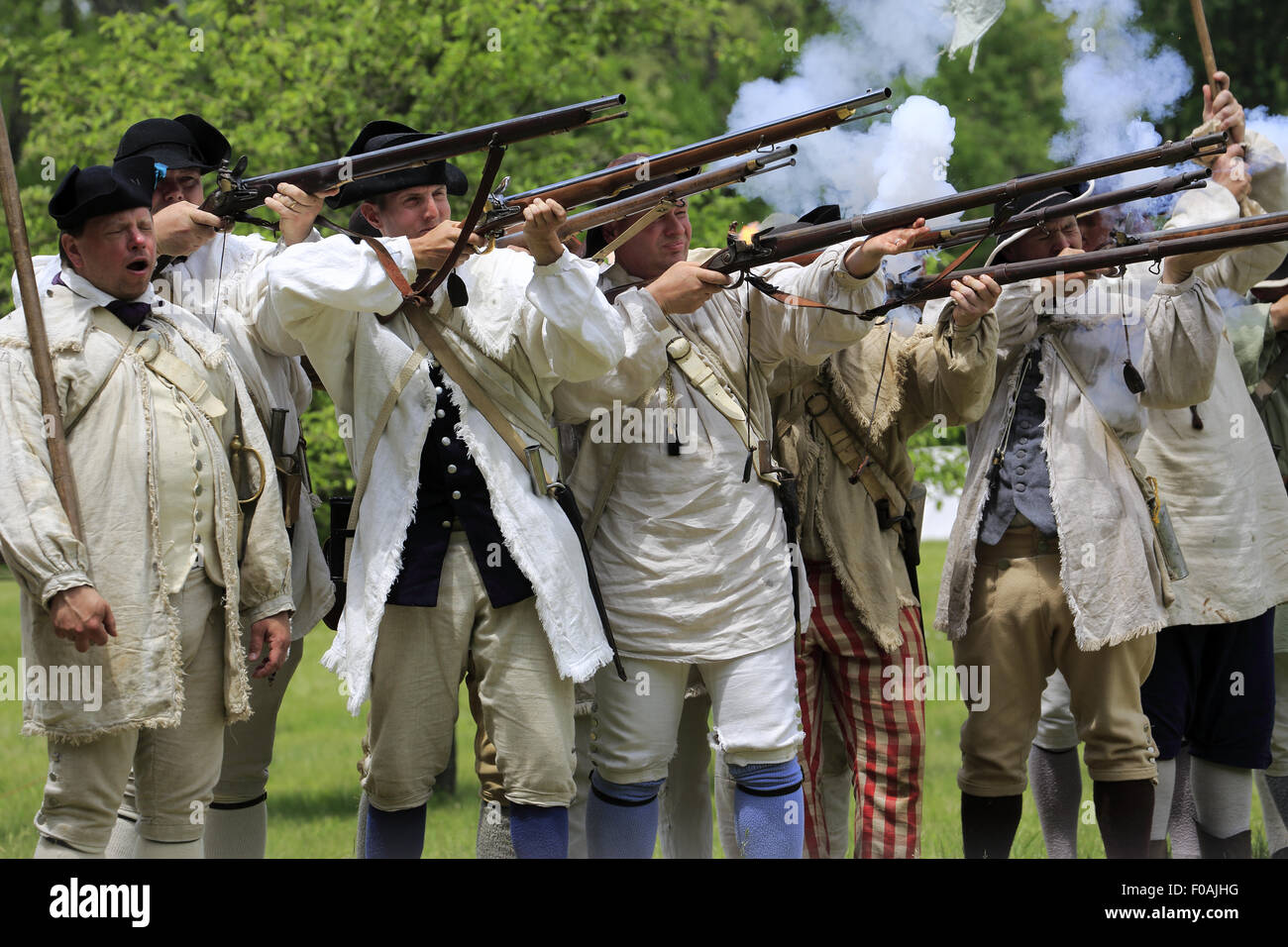 Musket firing at Revolutionary War reenactment at Jockey Hollow ...