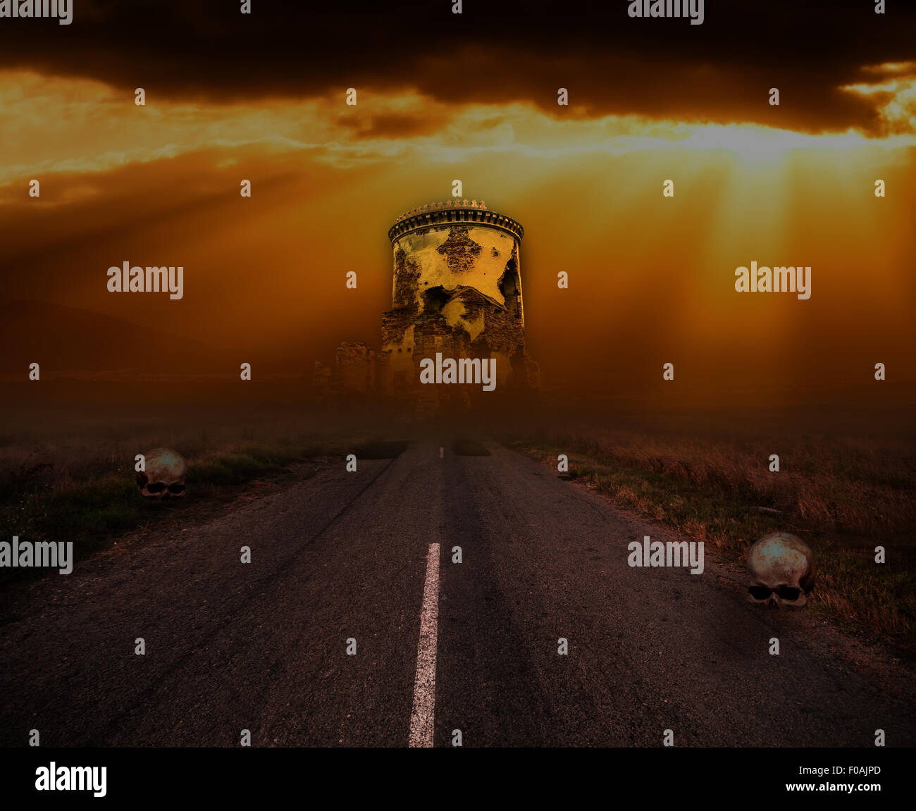 Apocalyptic scenery with old towers and skulls Stock Photo - Alamy